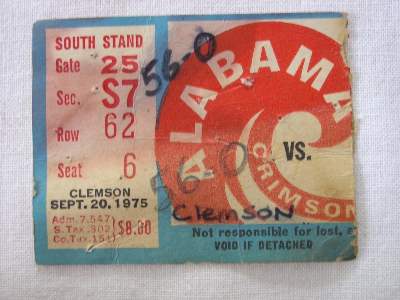 VINTAGE 1975 ALABAMA VS CLEMSON FOOTBALL TICKET STUB | eBay