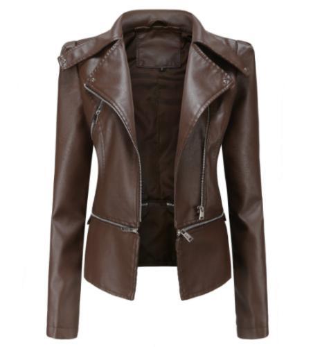 Women's Fashion Motorcycle Jacket Lapel Zipper Slim Fit Solid Color ...