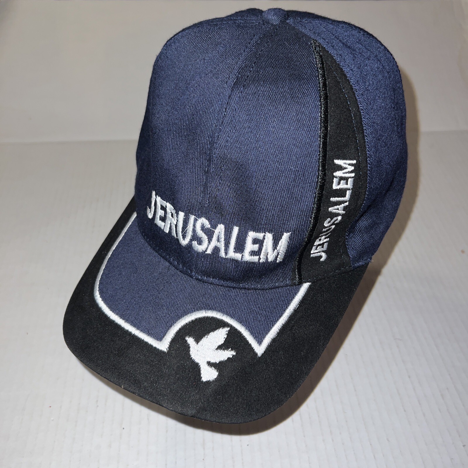 Baseball Cap Hat Blue & Black, White Embroidered JERUSALEM Hook & Loop ...