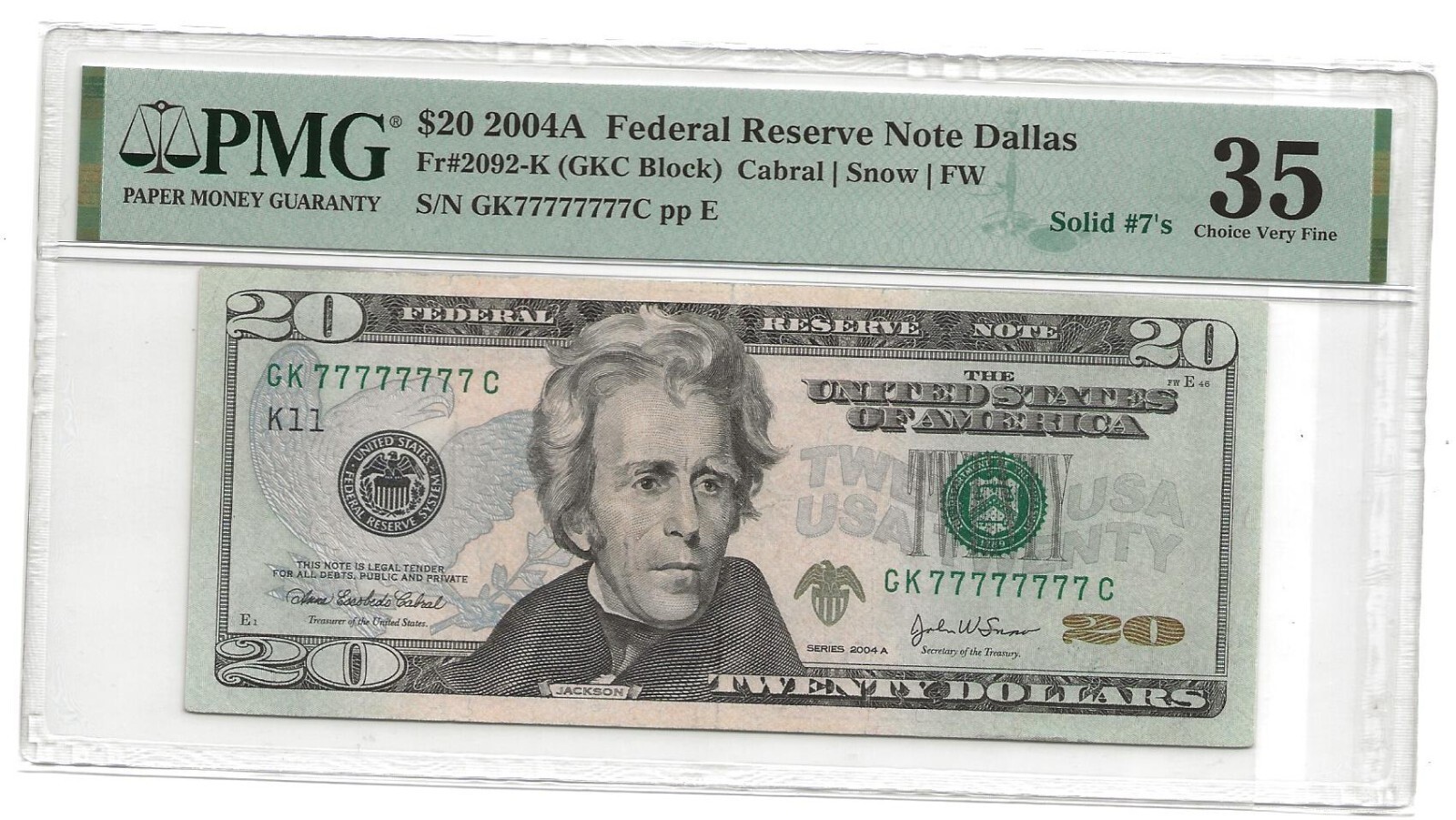 Solid 7's $20 Federal Reserve Note Serial Number 77777777 PMG 35 Rare ...