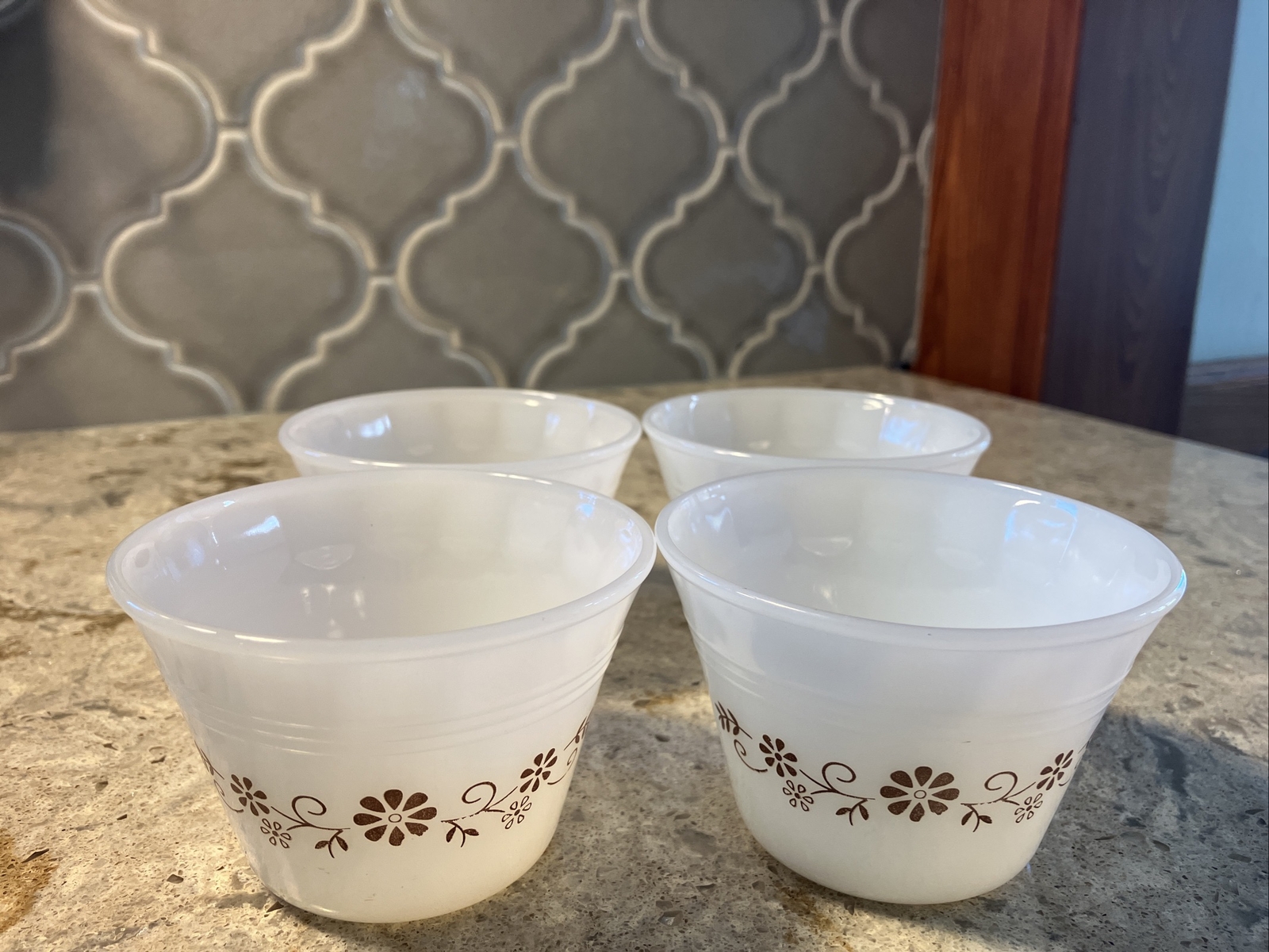 Set Of 4 Dynaware Pyr-O-Rey Ramekin Milk Glass Custard Cup Brown Daisy ...