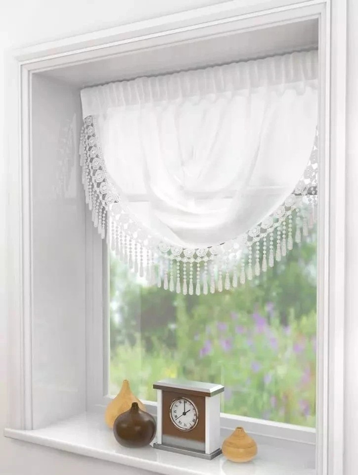 Luxury Macrame Lace Trimmed Soft Fold Voile Window Curtain Swags Pelmet ...