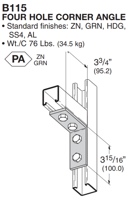 EATON B-LINE B115ZN 90-Degree Corner Angle Bend Strut Fitting 4-Hole ...