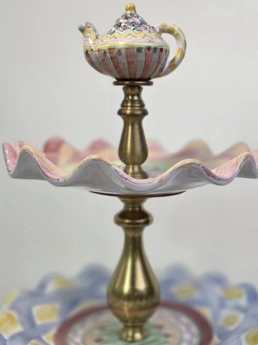 VINTAGE MACKENZIE CHILDS TAYLOR 2 TIER SWEET STAND RUFFLE EDGE DESSERT ...