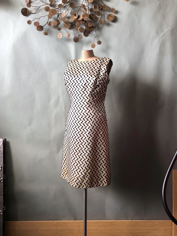 1960s Vintage ALICE SCHWEITZER Couture Satin Polka Dot Dress 40 Bust ...