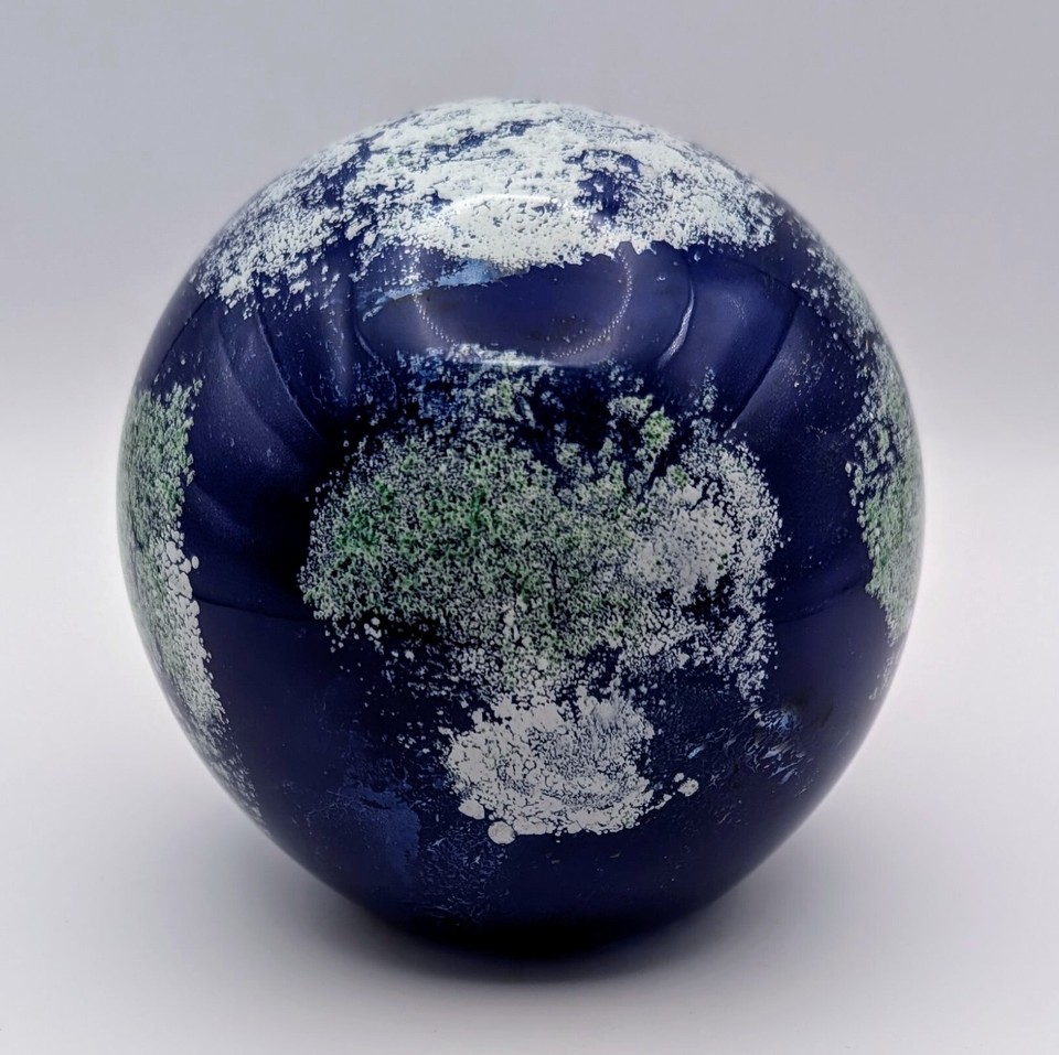 Hand Blown Art Glass Paperweight Earth Globe Water Clouds 4" | eBay