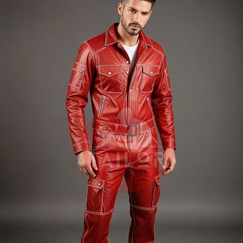 MENS SOFT RED LEATHER CATSUIT FRONT ZIPPER OVERALL JUMPSUIT CLASSIC ...