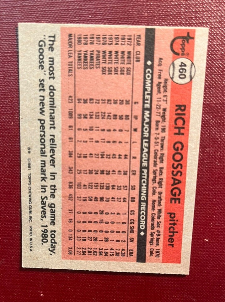Rich ‘Goose’ Gossage 1981 Topps Card #460 | eBay