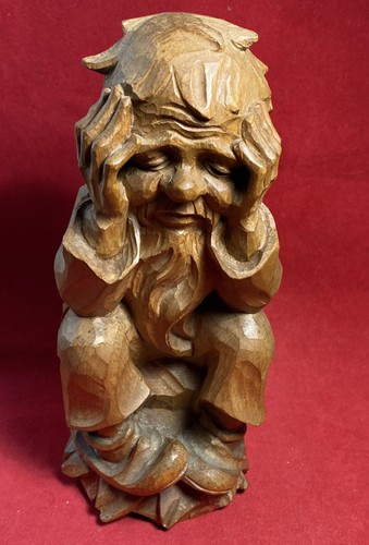 Vintage Hand Carved Wooden Thinking Gnome | eBay