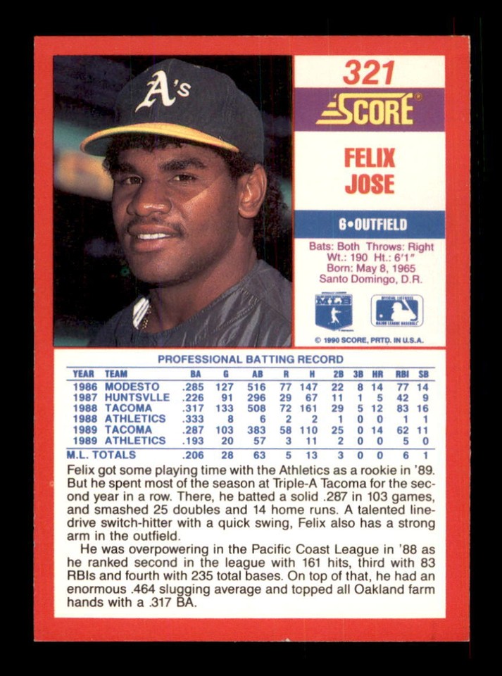 1990 Baseball Score Felix Jose Oakland Athletics #321 | eBay
