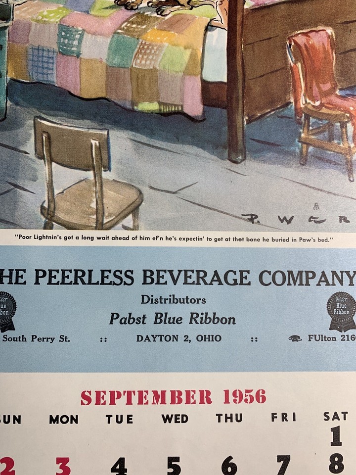 1956 Pabst Beer Calendar Page Sign Dayton Ohio Paul Webb Mountain ...