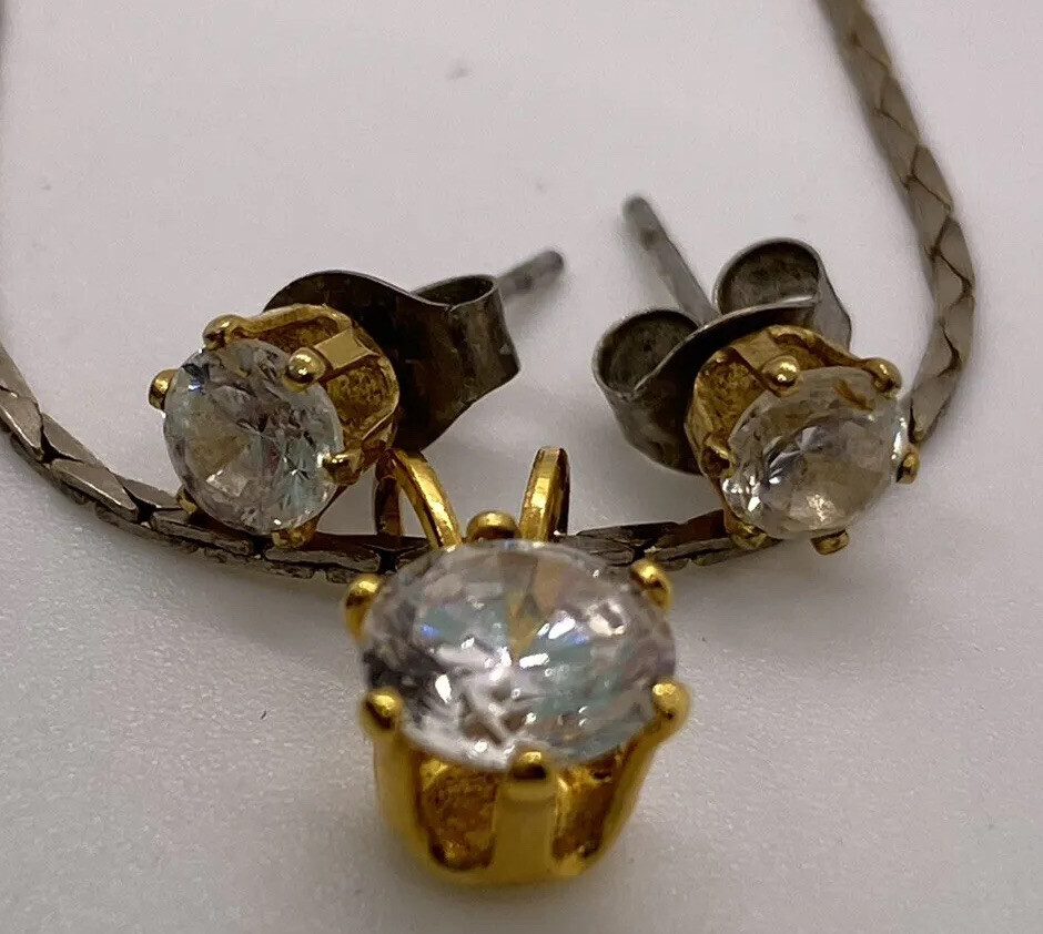 Lady Remington Solitaire CZ Necklace 18” and Pierced Post Earrings Gold ...