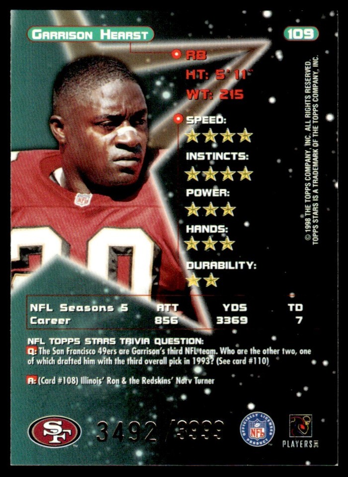 1998 Topps Stars Gold Garrison Hearst 3492/3999 San Francisco 49ers ...