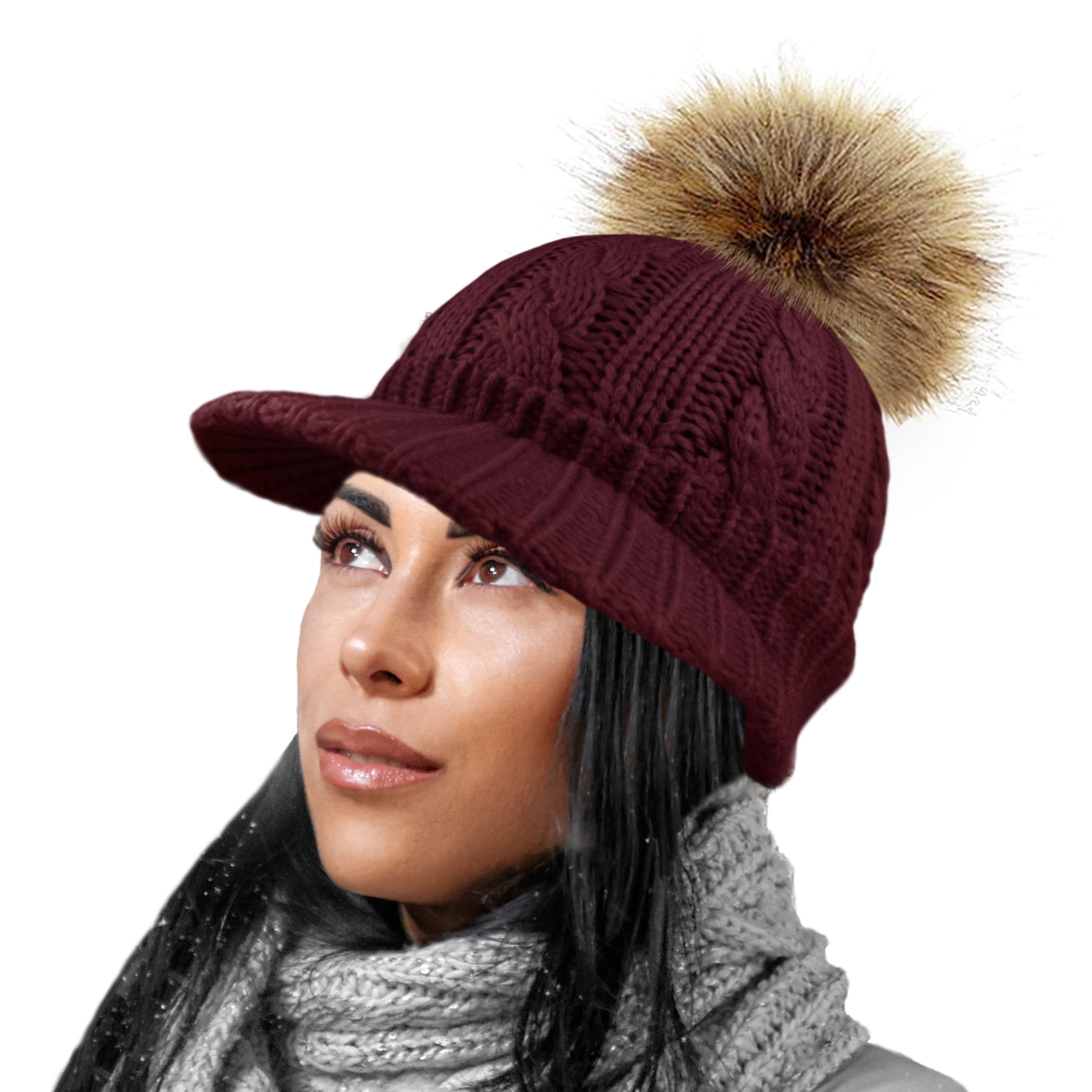 LADIES WOMENS PEAKED BEANIE BOBBLE CAP WINTER HAT DETACHABLE FAUX FUR ...