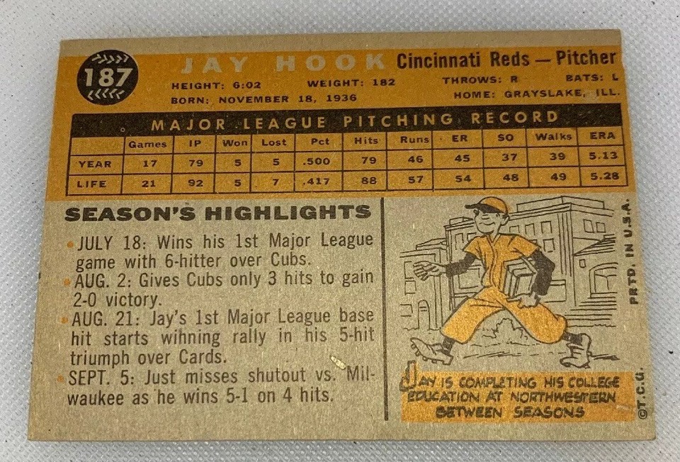 1960 Topps # 187 Jay Hook Cincinnati Reds Baseball Card | eBay
