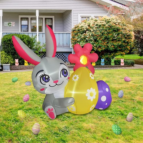 6ft Length Inflatable Easter Bunny with Flower and Egg Decoration, LED ...