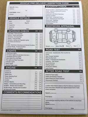 Vehicle Pre Delivery Inspection PDI form Pad A4 2 part carbonless 50 ...