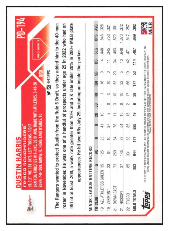 Dustin Harris RC 2023 Topps Pro Debut #PD-194 Rookie MiLB MLB ID:84055 ...