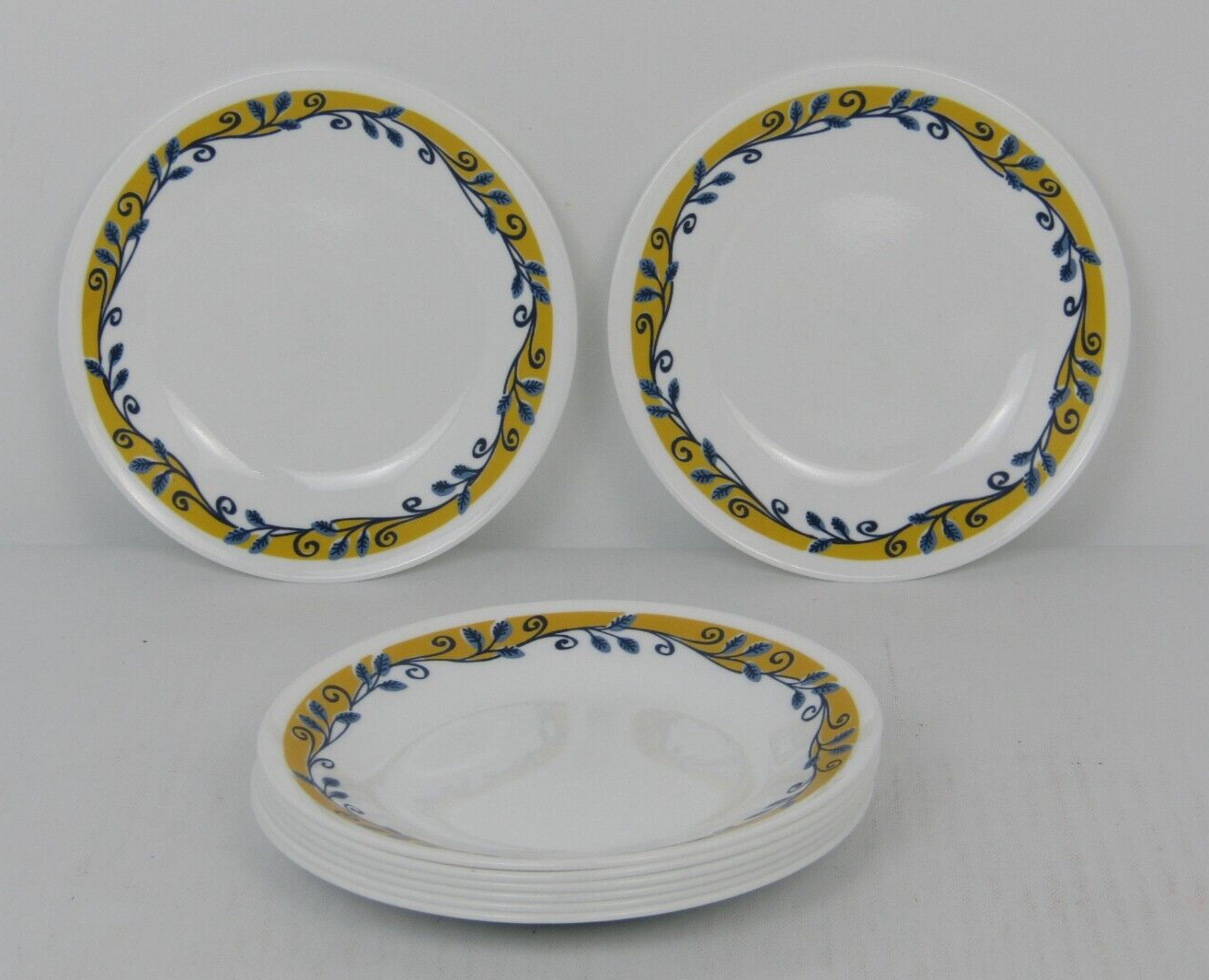 VTG. Set of 6 Corelle Casa Flora Blue Leaves Scrolls Yellow Band 6-3/4 ...