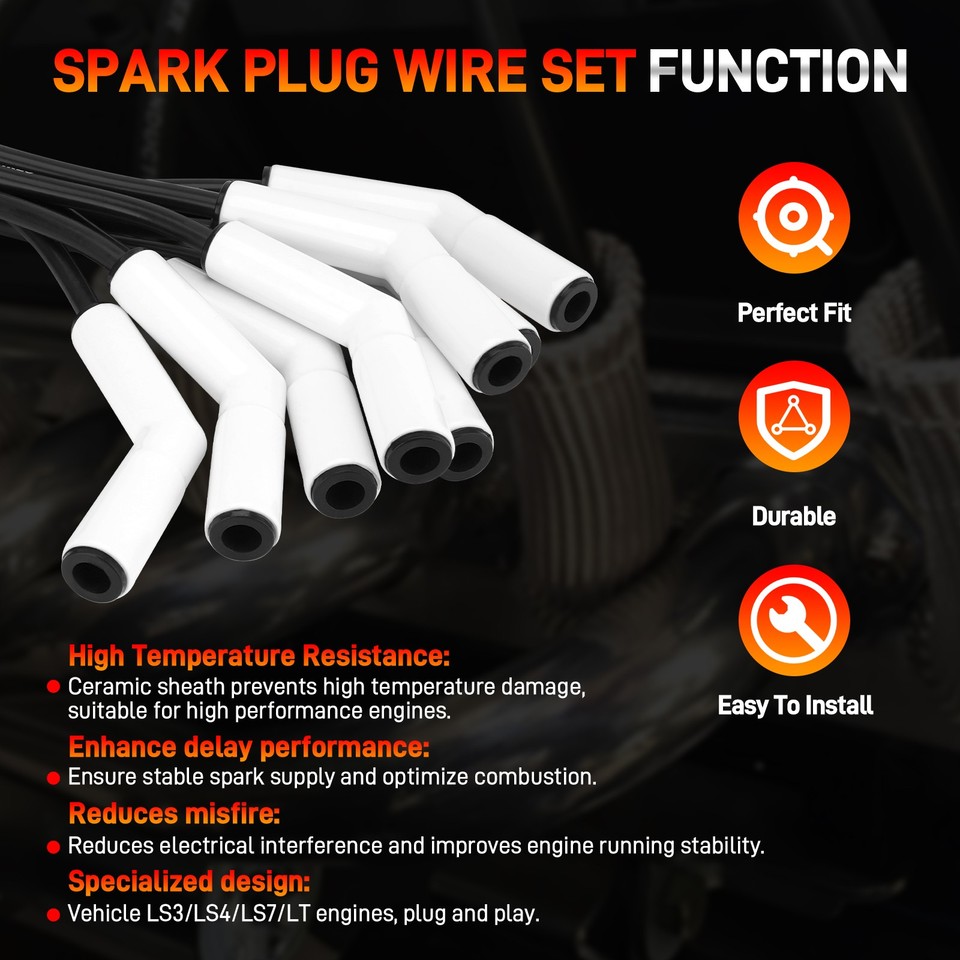 9070C Ceramic Boot Spark Plug Wires Set For GM Chevy 4.8L 5.3L 6.0L LS3 ...