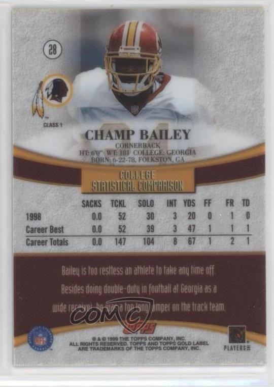 1999 Topps Gold Label Class 1 Black Champ Bailey #28 Rookie RC HOF | eBay