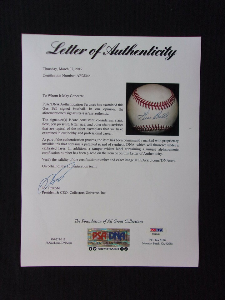Gus Bell Reds Mets Signed Rawlings NL Bill White Baseball PSA/DNA COA ...