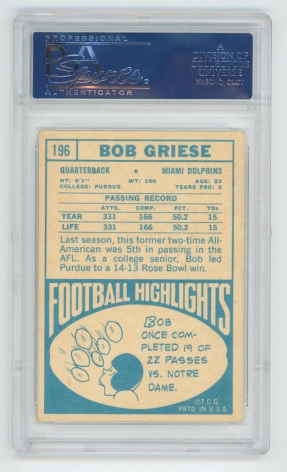 BOB GRIESE 1972 Miami Dolphins signed 1968 Topps ROOKIE Card PSA Auto ...