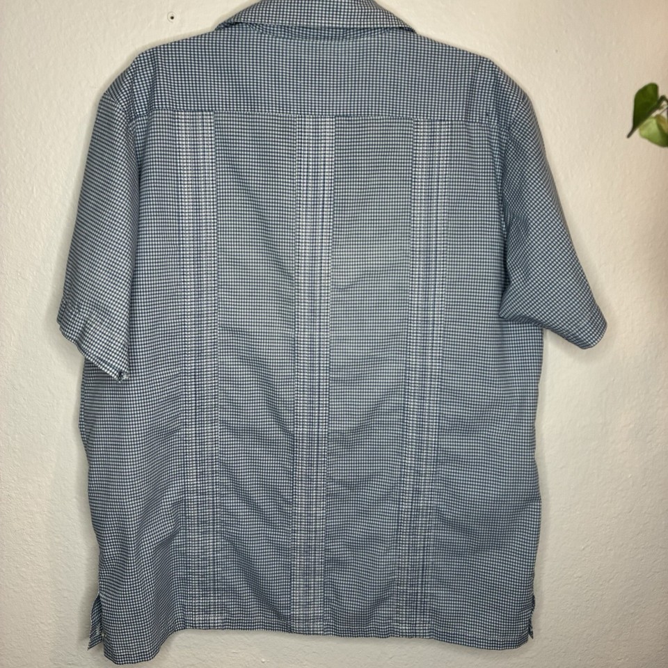 Genuine Haband Guayabera Shirt Mens Embroidered Large Blue Check Plaid ...