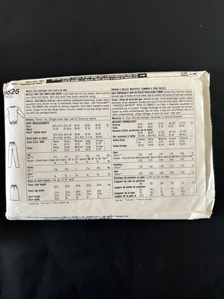 9826 SIMPLICITY XS S M L XL 6 8 10 12 14 16 18 20 22 24 Knit Top Pants ...