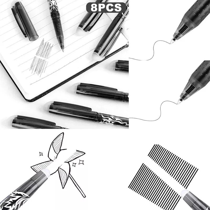 9X Black Erasable Pens Rub Out Pens Ink Eraser Pen with Rubber Erasable ...