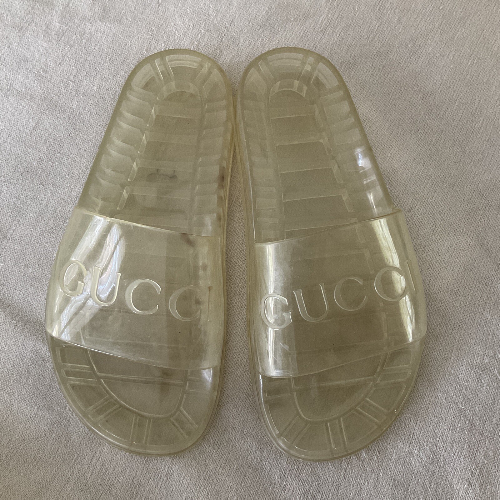 Gucci Transparent Rubber Logo Slides Sandals Size 7.5… - Gem