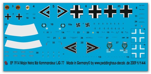Peddinghaus Decals 1/144 1914 Bf 109 F Major Heinz Bear Commander I Jg ...