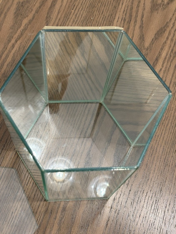 Vintage GLASS & Mirror DISPLAY CASE Hexagonal 7.5x6.5x6" CURIO CABINET ...