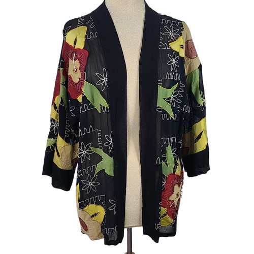 floral embroidery black chiffon kimono Medium boho glam grandma witchy ...