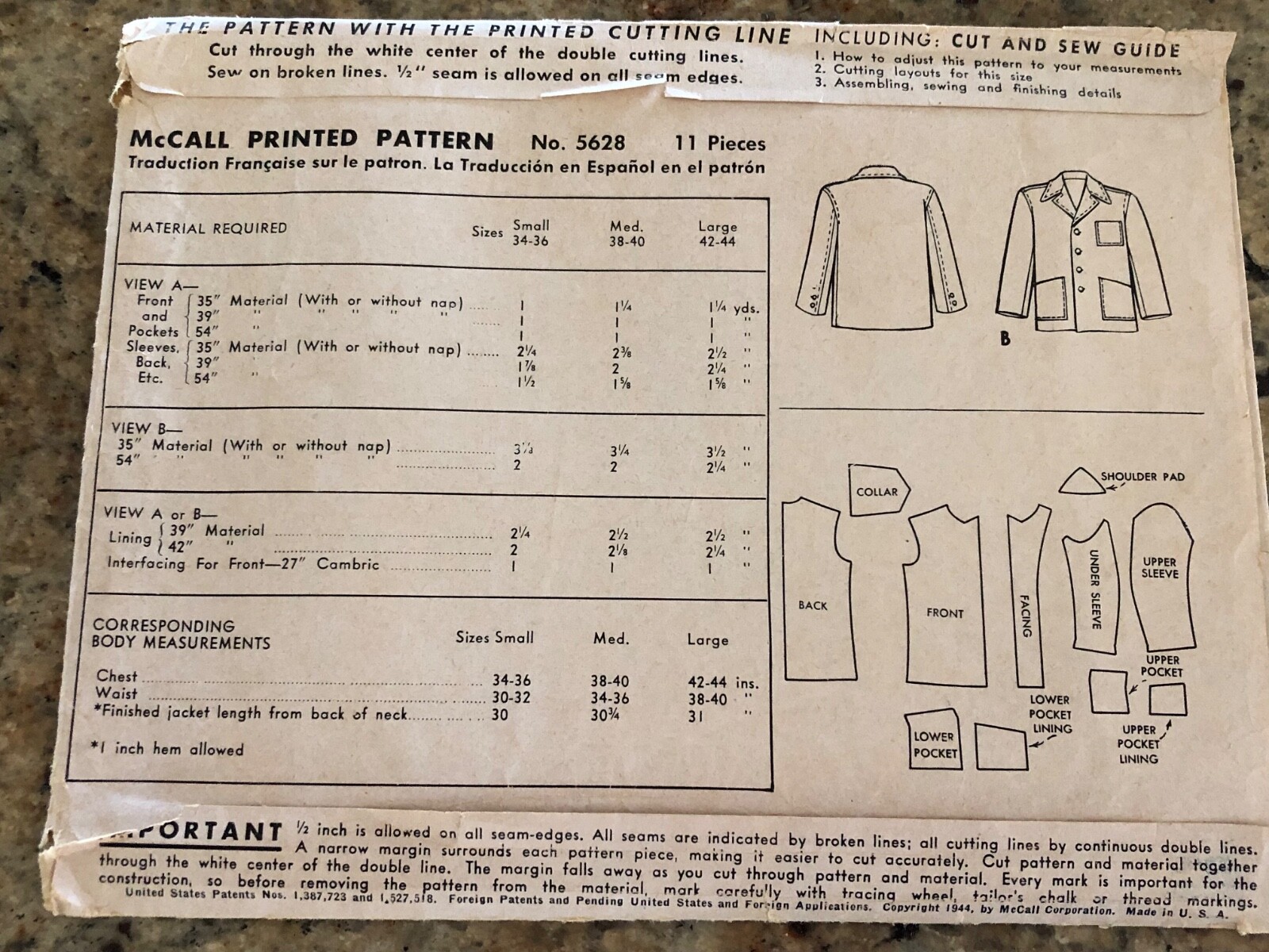 🌹 1944 (WWII ERA) McCALL #5628-MEN'S SMOKING JACKET w/POCKETS PATTERN ...