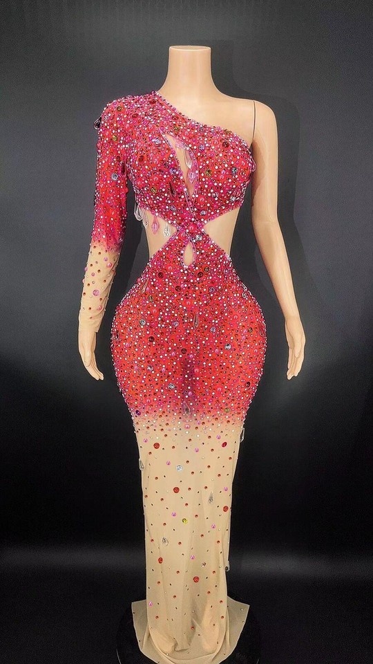 Women's Sexy Water Diamond Single Sleeve Transparent Dress Long Dress ...