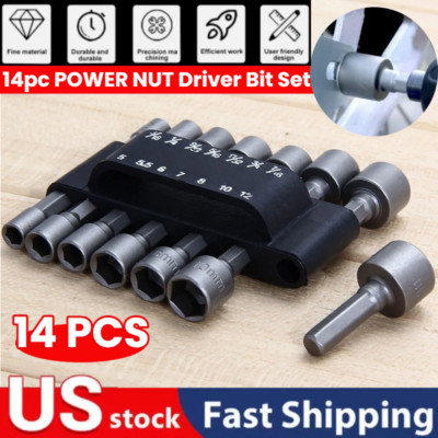 14pc POWER NUT Driver Bit Set Dual 1/4 Quick Change SAE & Metric MM ...