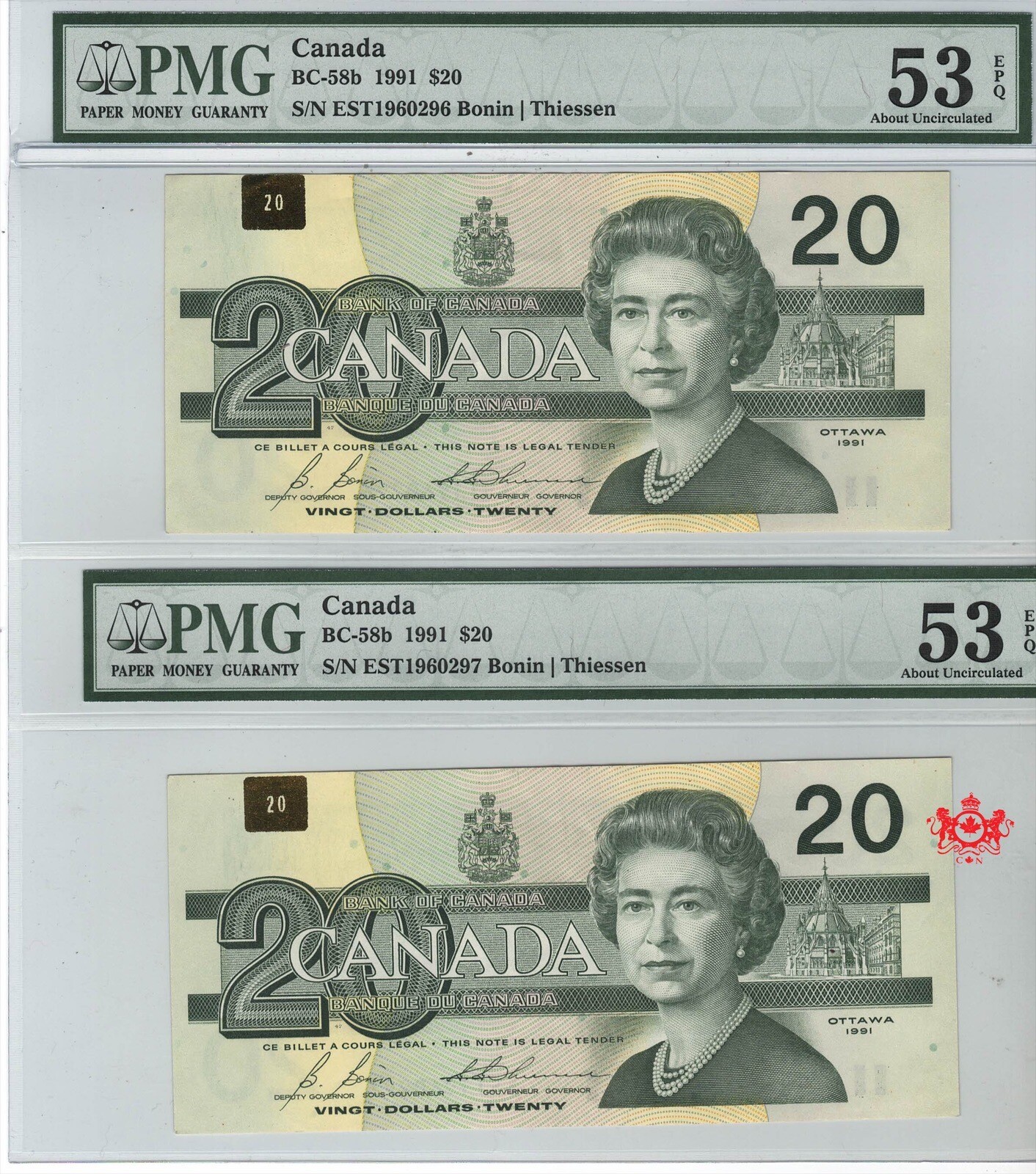 1991 Bank Of Canada 20$ Consecutive Misplaced OSD Error - PMG AU53 - | eBay