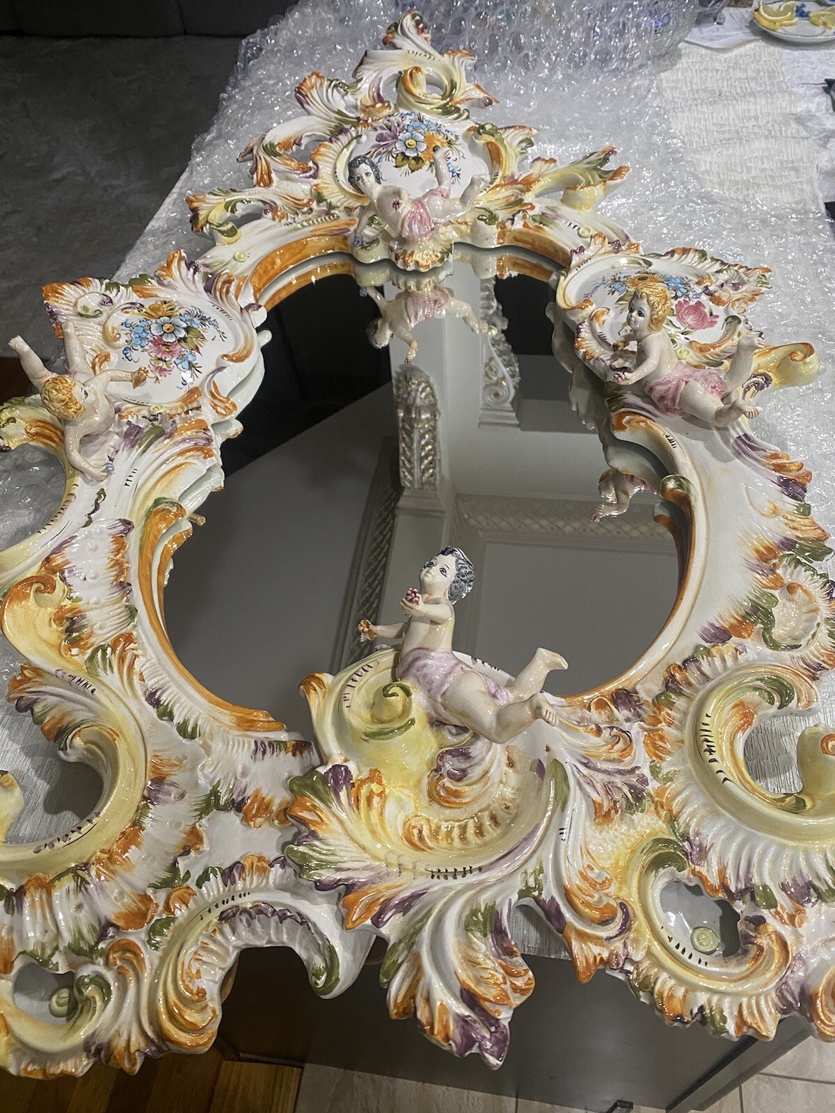Mid-20th Century Italian Capodimonte Porcelain Mirror with Flowers and ...