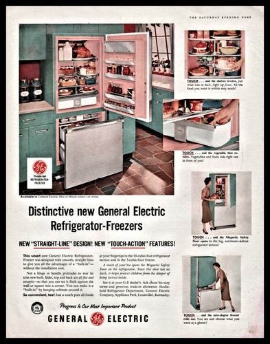 1957 GE GENERAL ELECTRIC REFRIGERATOR Aqua Turquoise Retro Kitchen AD ...