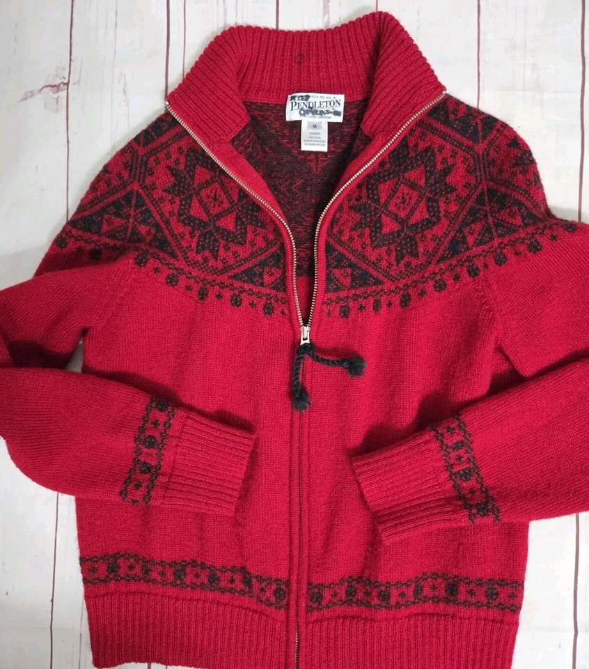 Ladies Red Wool Pendleton Cardigan Sweater Fair Isle Nordic Wool Full ...