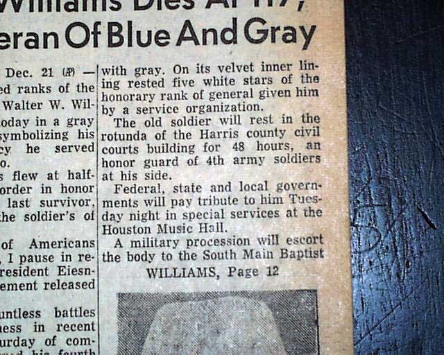 WALTER WILLIAMS Last Surviving American Civil War Veteran Death 1959 Newspaper | eBay
