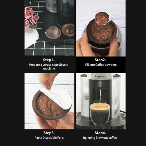 6x 150ml Coffee Capsule Pod Reusable &60 Lids For Nespresso Vertuoline ...