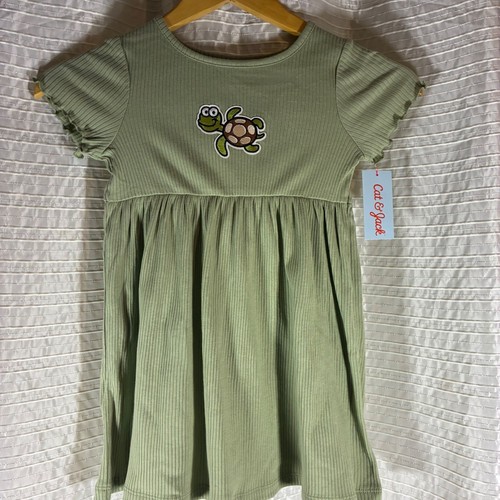 Cat & Jack Girls Dress 4T Light Olive Green Ribbed Knit Turtle Applique ...