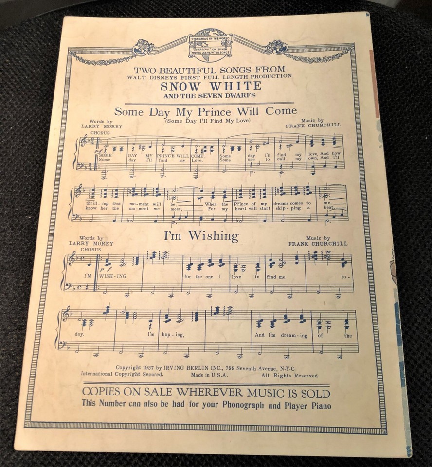 WALT DISNEY 1937 'ONE SONG" SHEET MUSIC 1937 SNOW WHITE BY IRVING ...