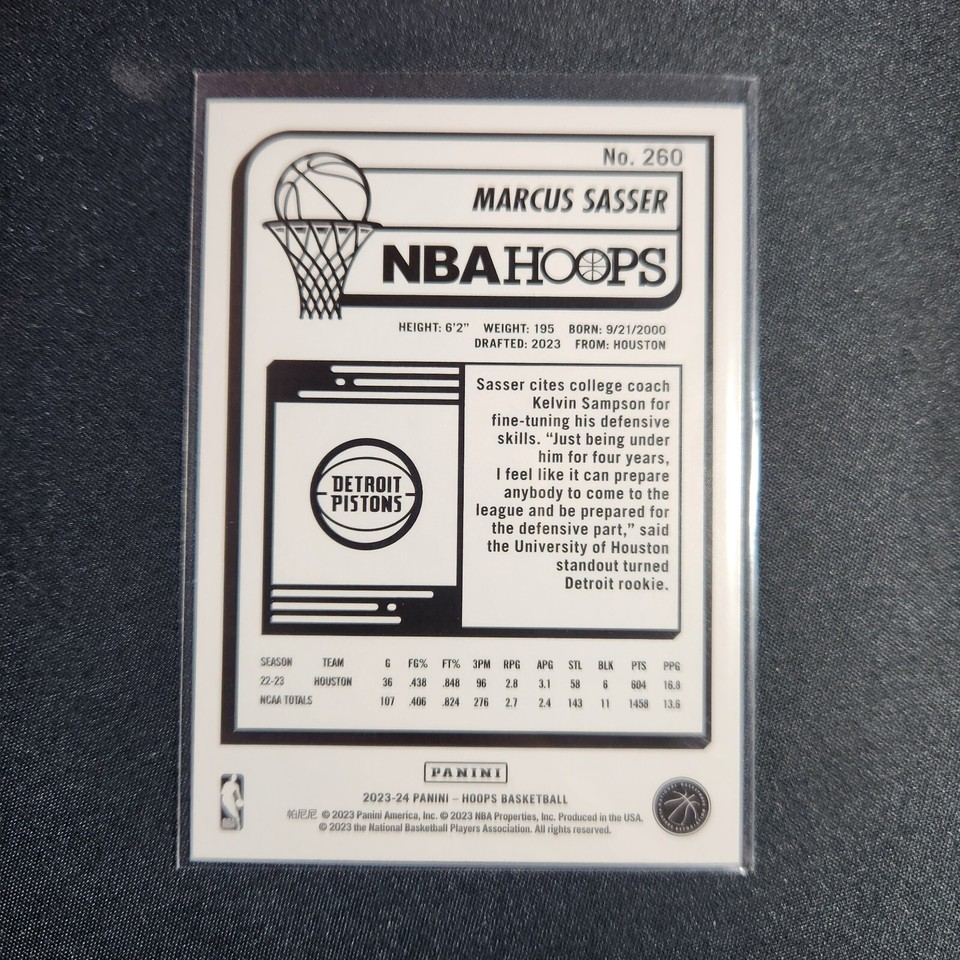 Marcus Sasser 2023-24 NBA Hoops Rookie Card #260 Base Set Detroit ...