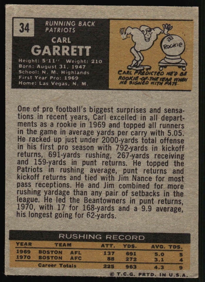 1971 Topps Carl Garrett Rookie #34 New England Patriots L3 | eBay
