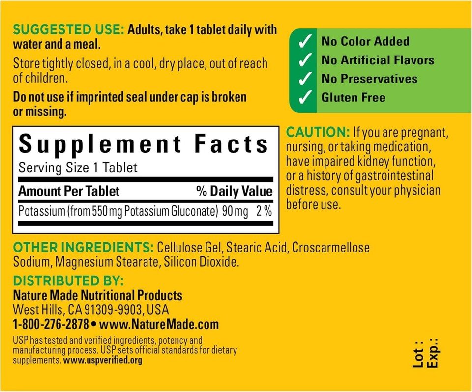Nature Made Potassium Gluconate 550mg Dietary Supplement Heart Health ...