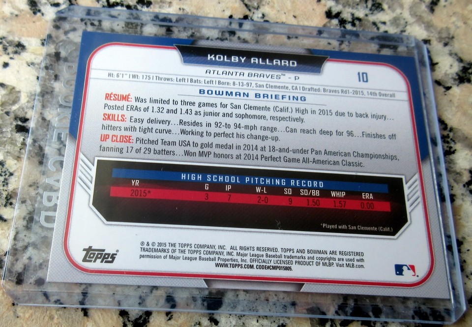 KOLBY ALLARD 2015 Bowman #1 Draft Pick TRUE Rookie Card RC Phillies🔥🔥🔥 ...