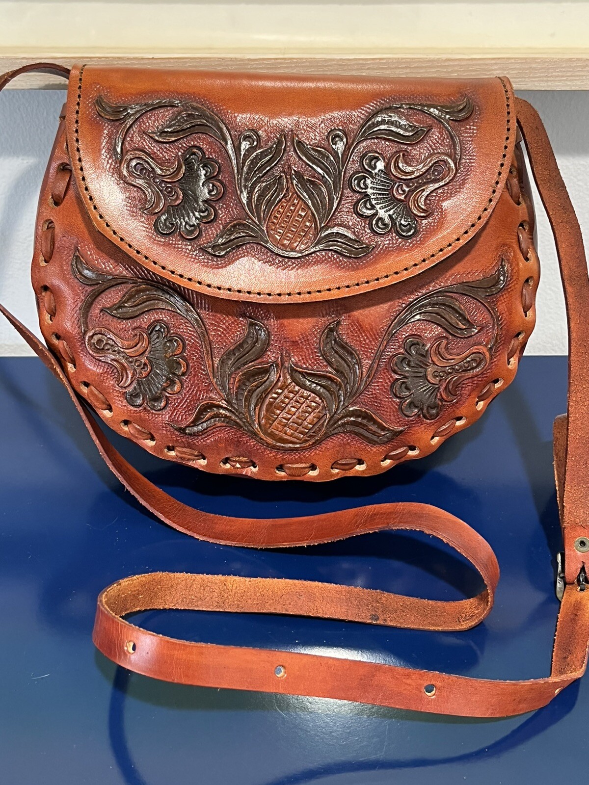 Floral Tooled Leather Purse Brown Saddle Bag Stitched… - Gem